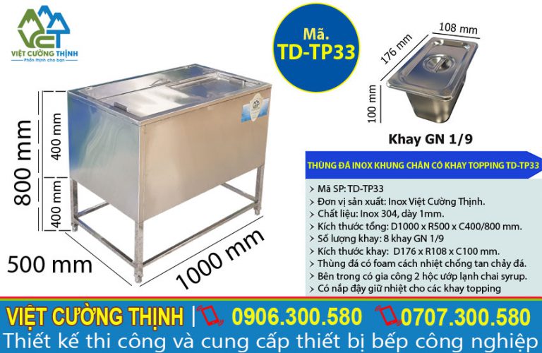 Thùng Đá Khung Chân Có Khay Topping TD-TP33 - Việt Cường Thịnh